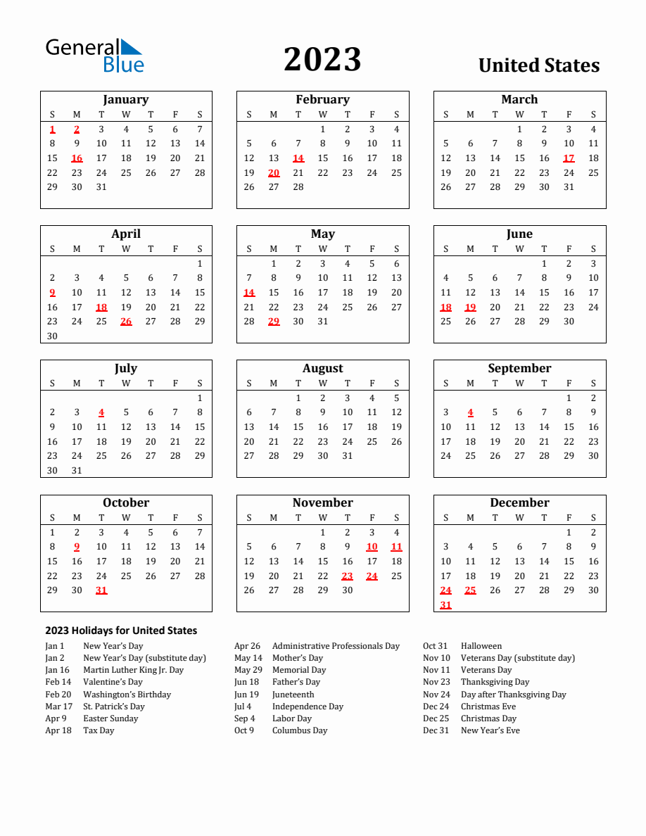 Free Printable 2023 United States Holiday Calendar