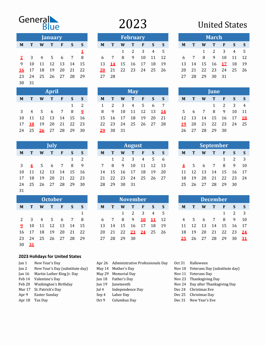 2023 Printable Calendar with United States Holidays