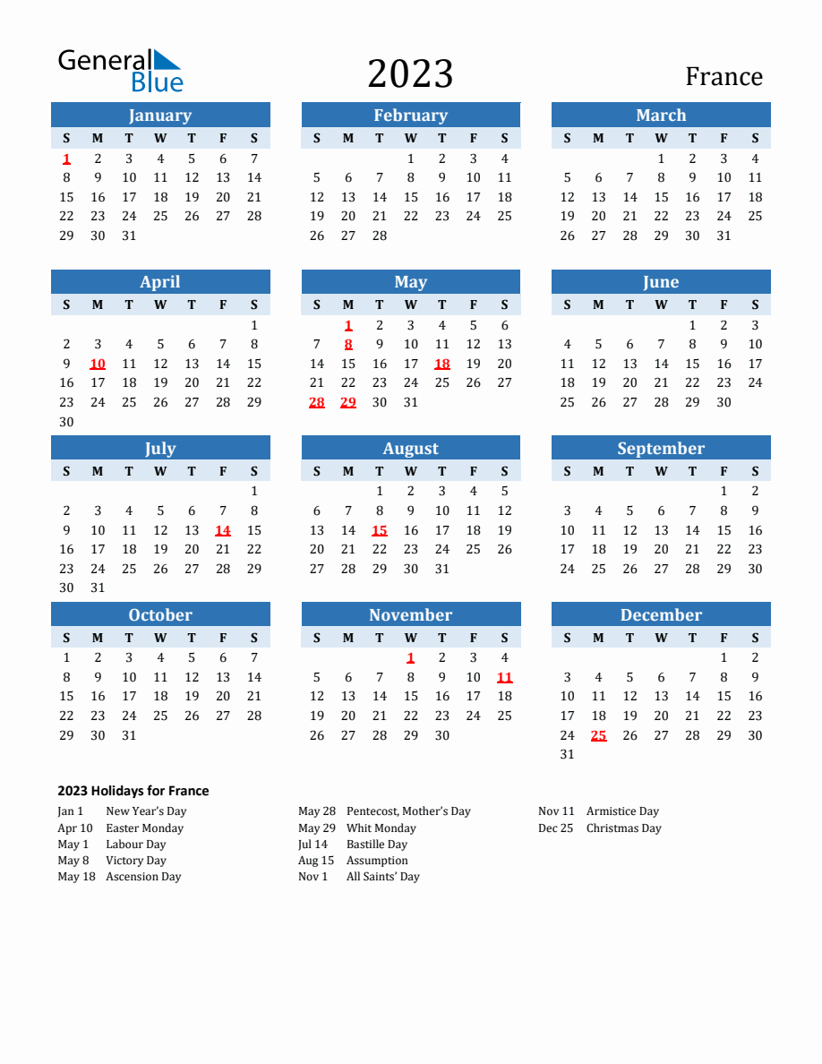 2023 Printable Calendar with France Holidays