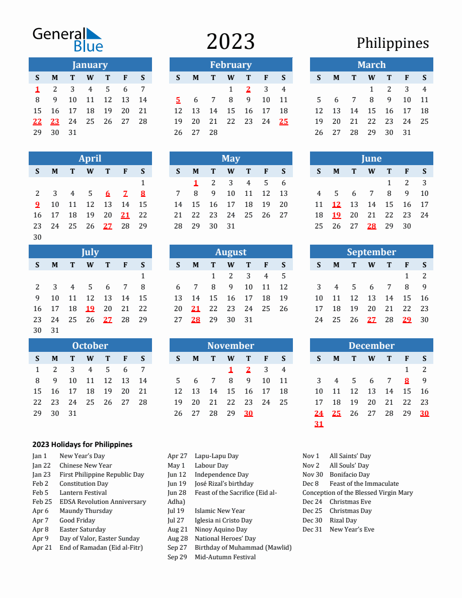 2023 Printable Calendar with Philippines Holidays