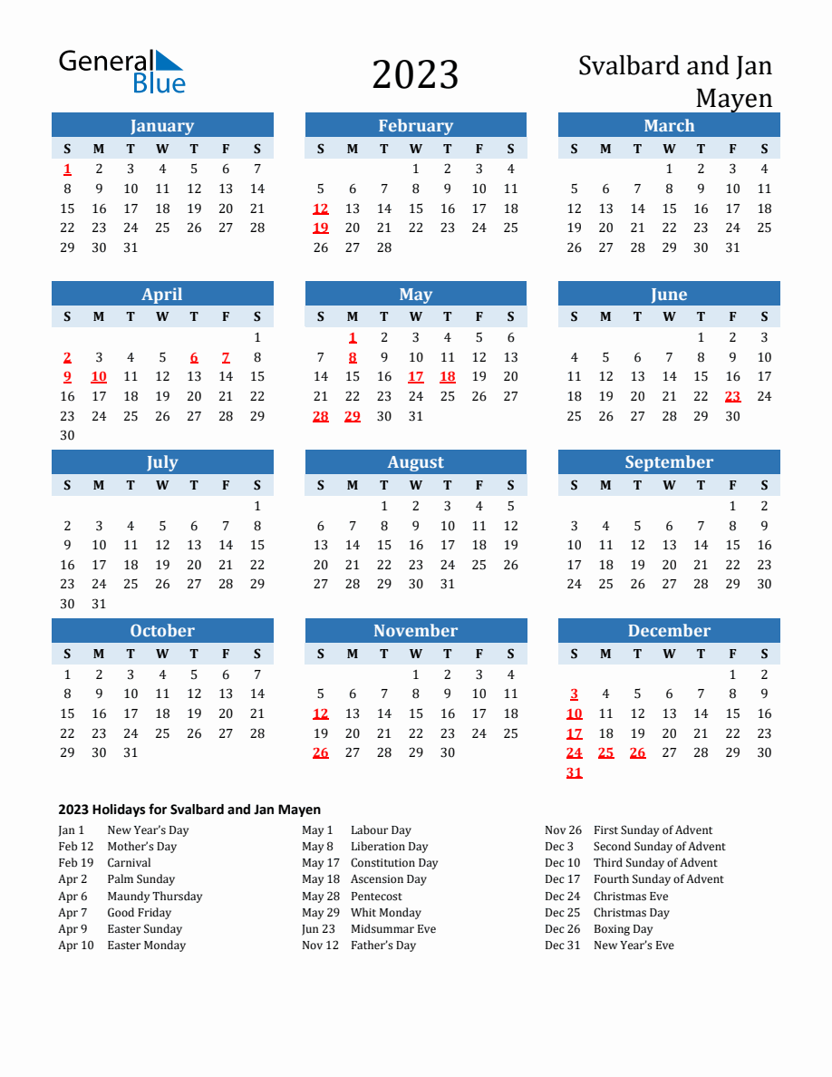 2023 Printable Calendar with Svalbard and Jan Mayen Holidays