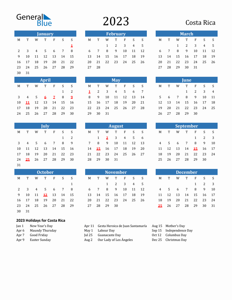Costa Rica 2023 Calendar with Holidays - Monday Start