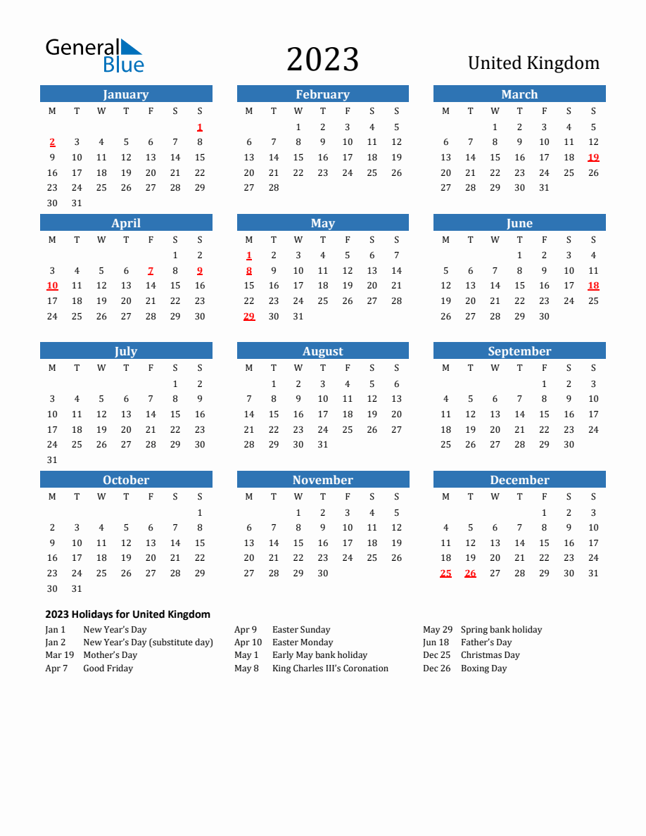 United Kingdom 2023 Calendar with Holidays - Monday Start