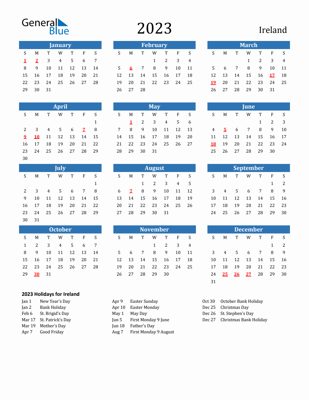 2023 Ireland Calendar with Holidays
