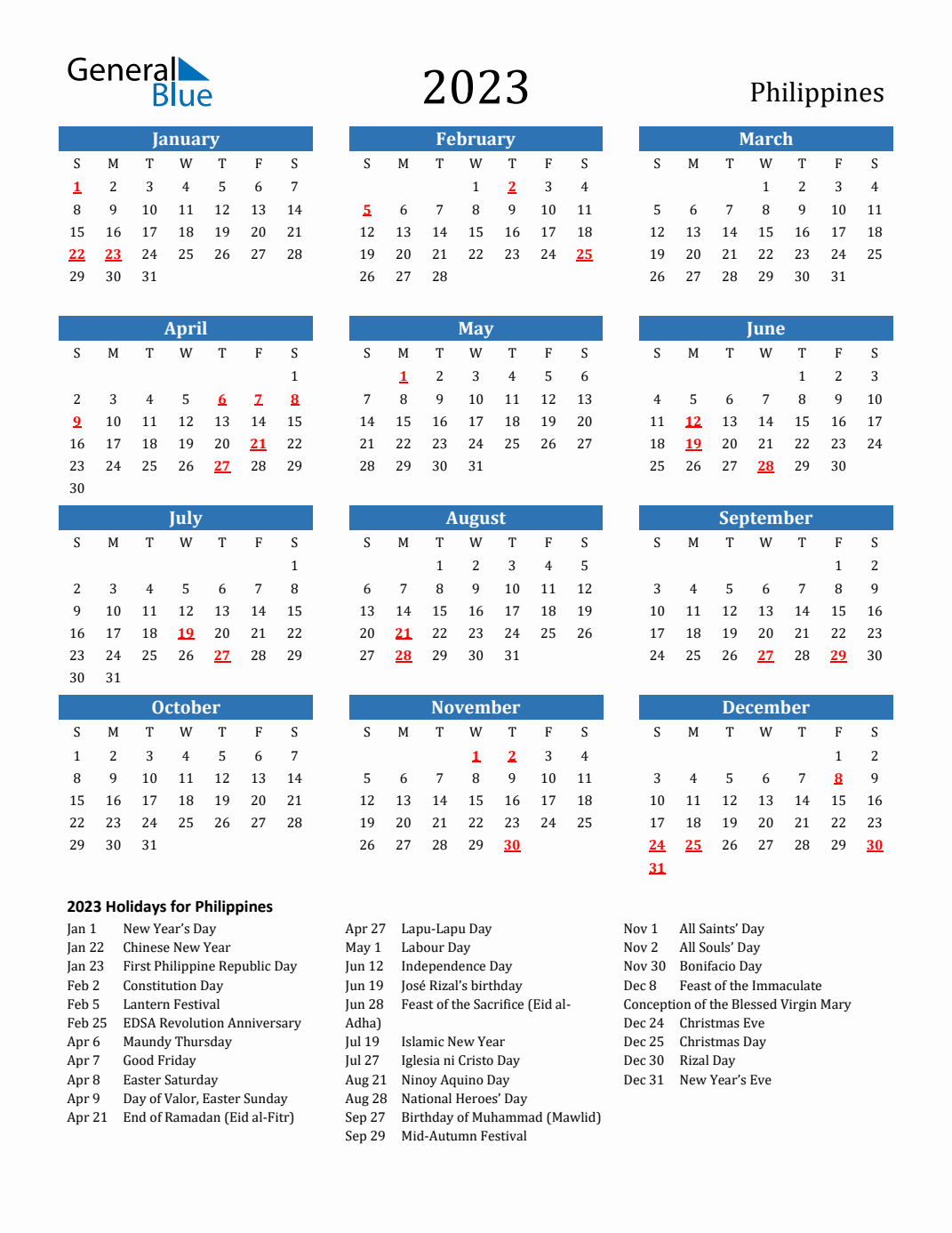 2023 Philippines Calendar with Holidays