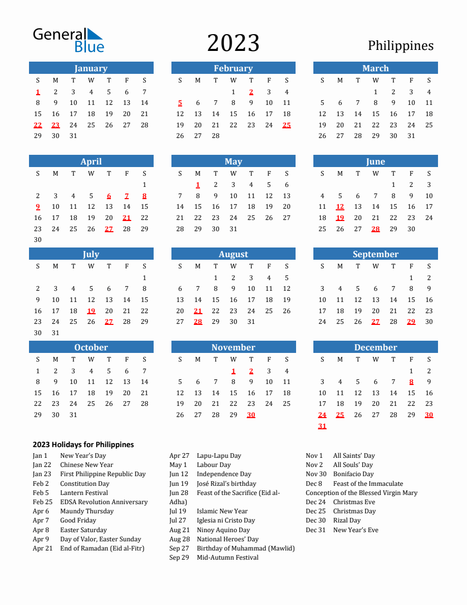 Philippines 2023 Calendar with Holidays
