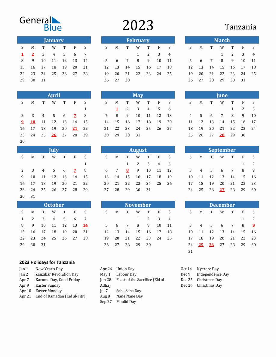 Tanzania 2023 Calendar with Holidays