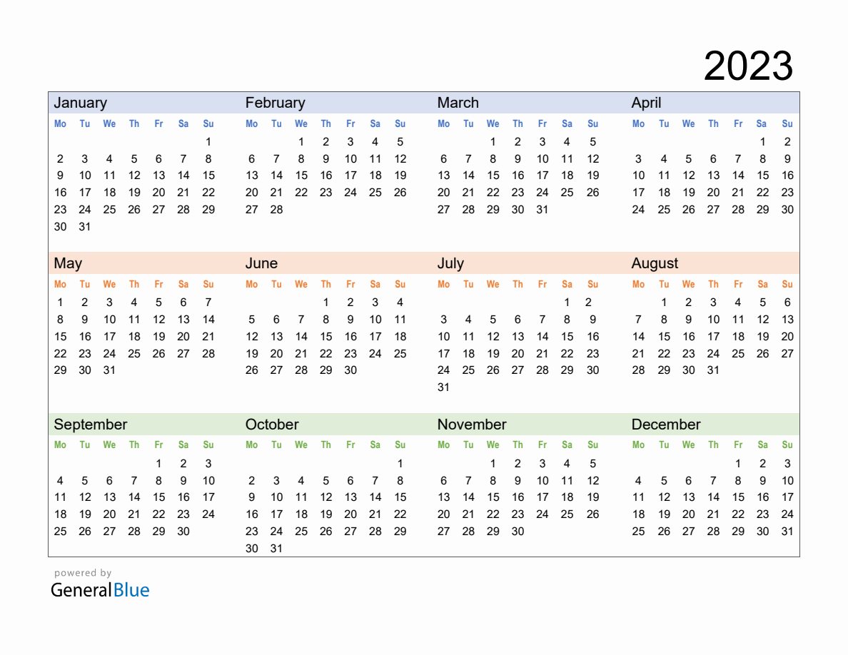 Free Downloadable 2023 Yearly Calendar Template with Monday Start