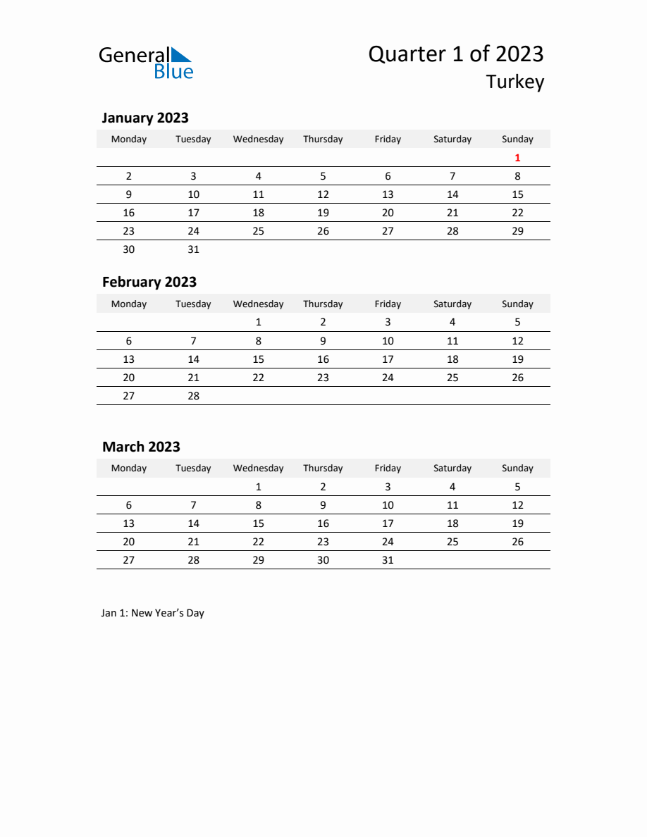 2023 Three-Month Calendar for Turkey
