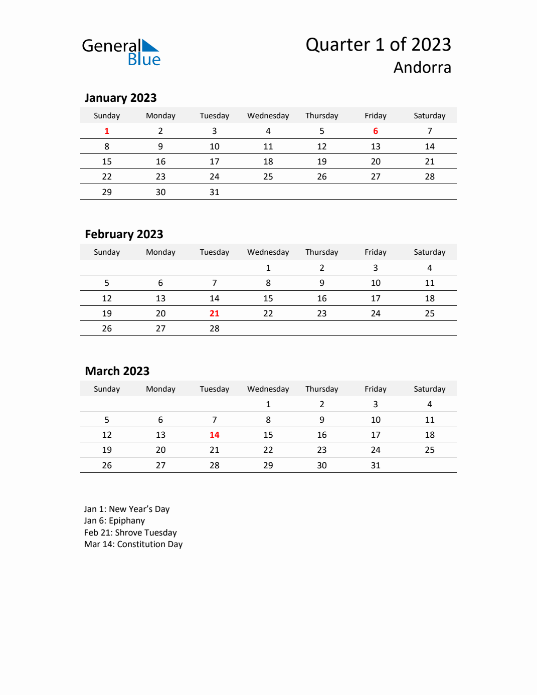 Q1 2023 Quarterly Calendar with Andorra Holidays (PDF, Excel, Word)