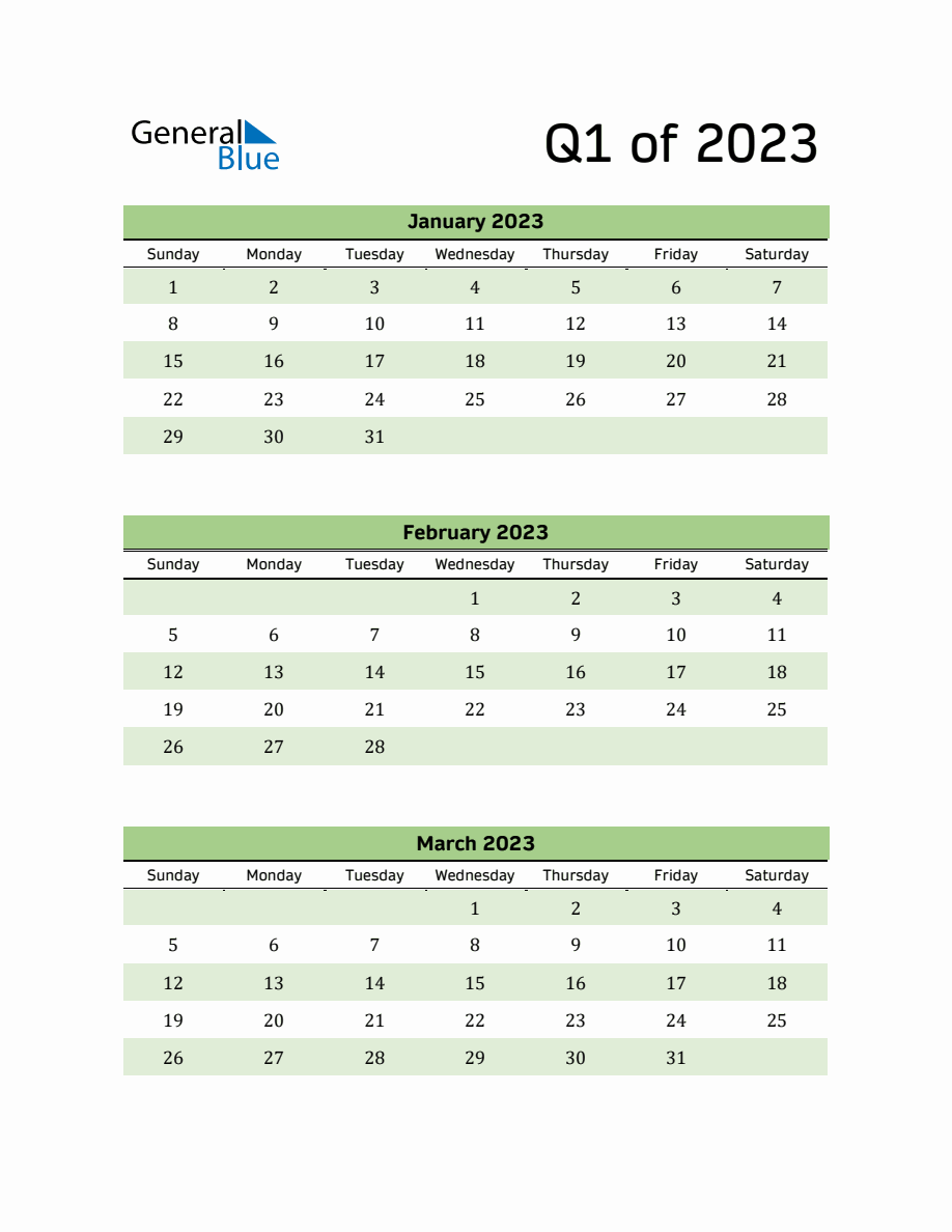 Downloadable Q1 2023 Quarterly Calendar in PDF, Word, and Excel