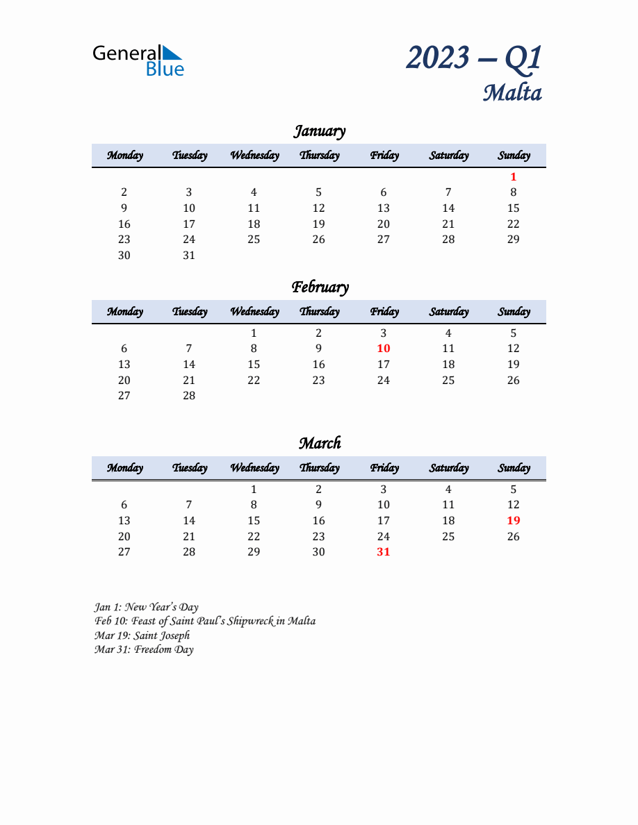 January, February, and March Calendar for Malta with Monday Start