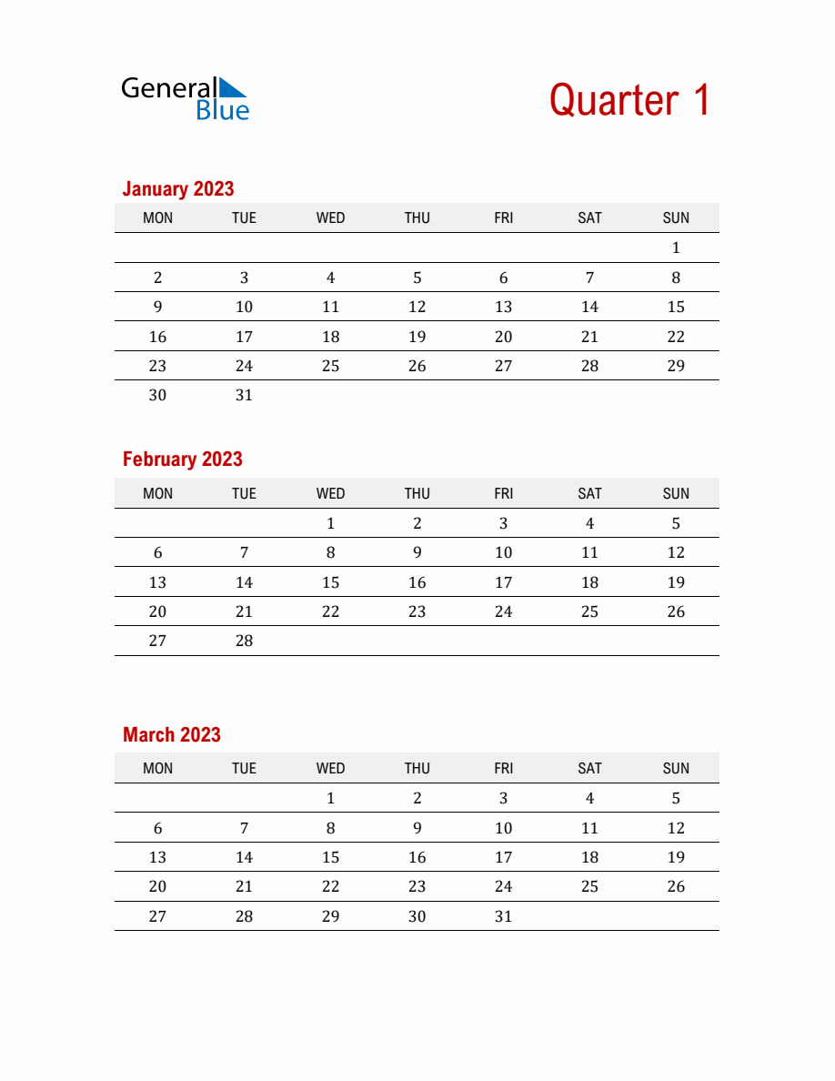 Quarter 1 2023 Calendar Printable (PDF, Word, Excel) - Monday Start