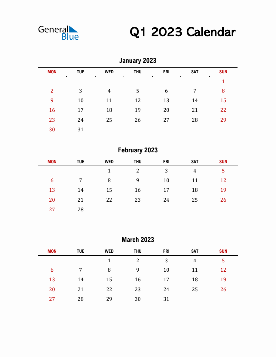 Q1 2023 Calendar Template in PDF, Excel, and Word - Monday Start