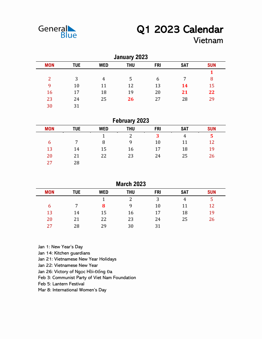 2023 Q1 Calendar with Holidays List for Vietnam