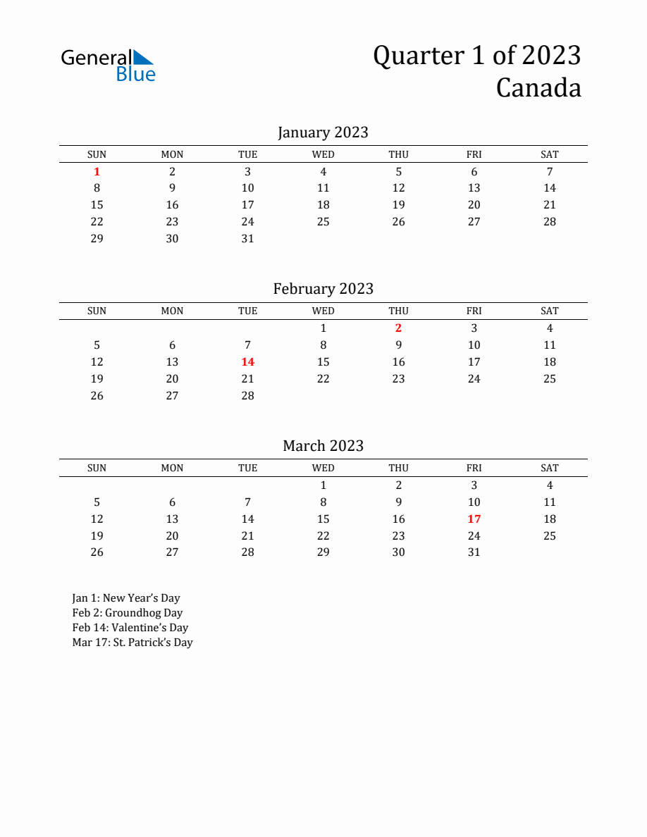 Quarter 1 2023 Canada Calendar