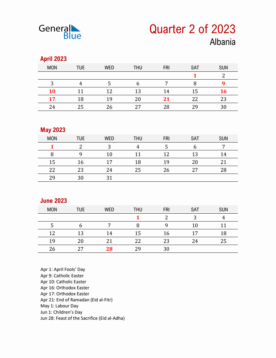 Printable Three Month Calendar with Albania Holidays (Q2 2023) - Monday ...