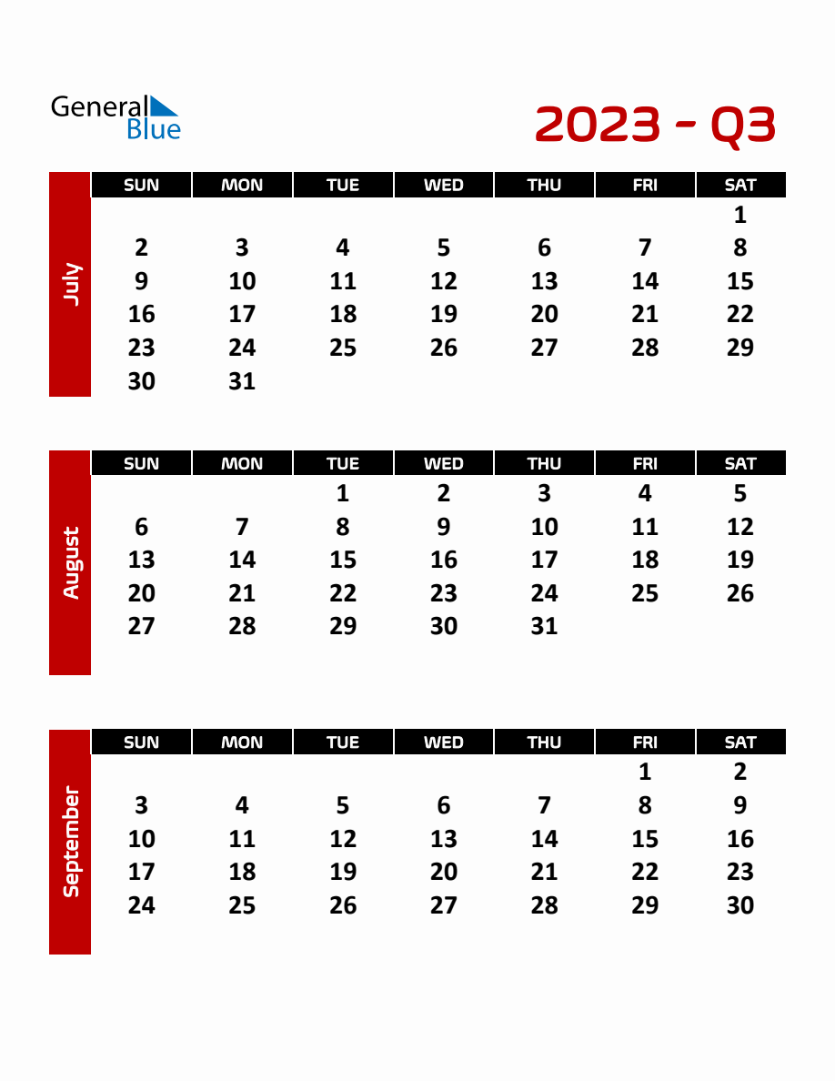 Editable Quarterly Calendar Template in PDF, Word, and Excel (Q3 of 2023)