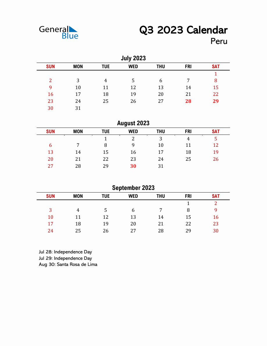 2023 Q3 Calendar with Holidays List for Peru