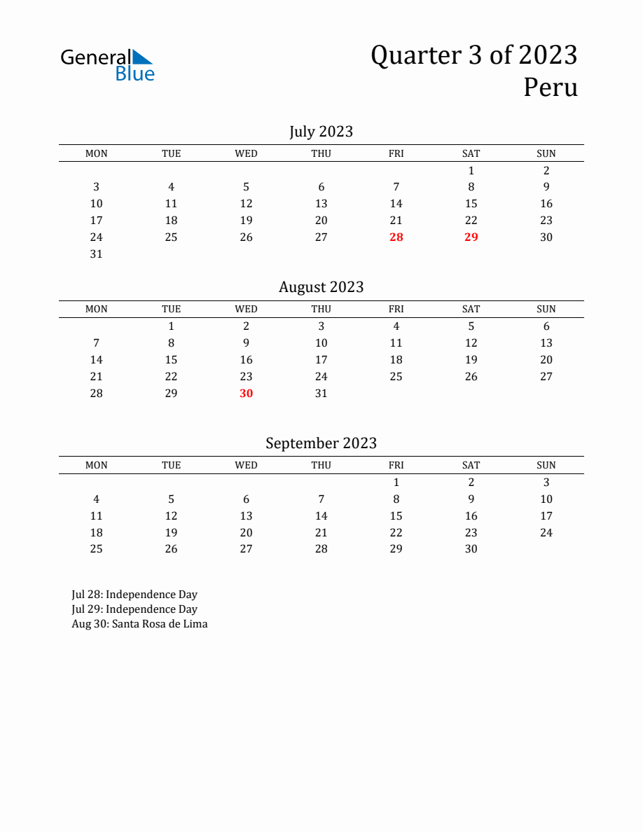 Quarter 3 2023 Peru Calendar - Monday Start