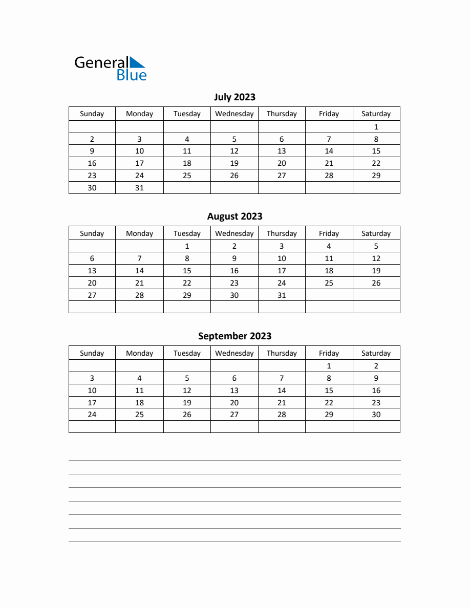 Free Printable Q3 Quarterly Calendar 2023