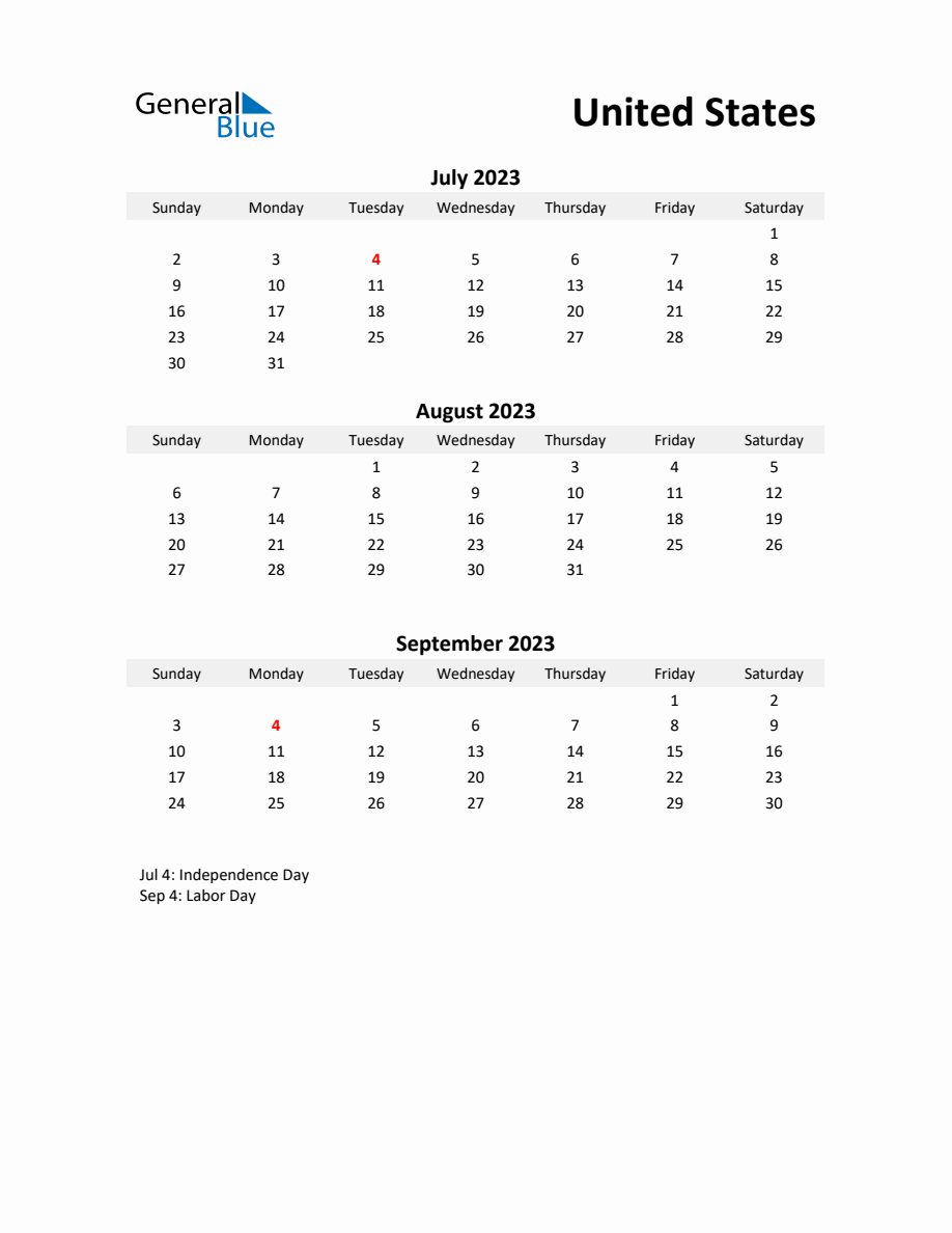 Printable Quarterly Calendar with Notes and United States Holidays (Q3 ...