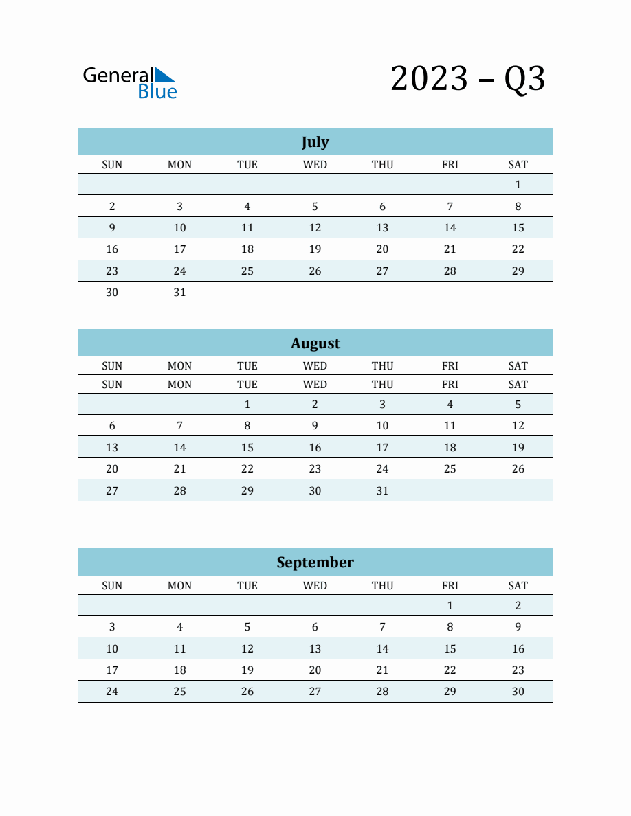 Blank Q3 Quarterly Calendar 2023 (July, August and September)