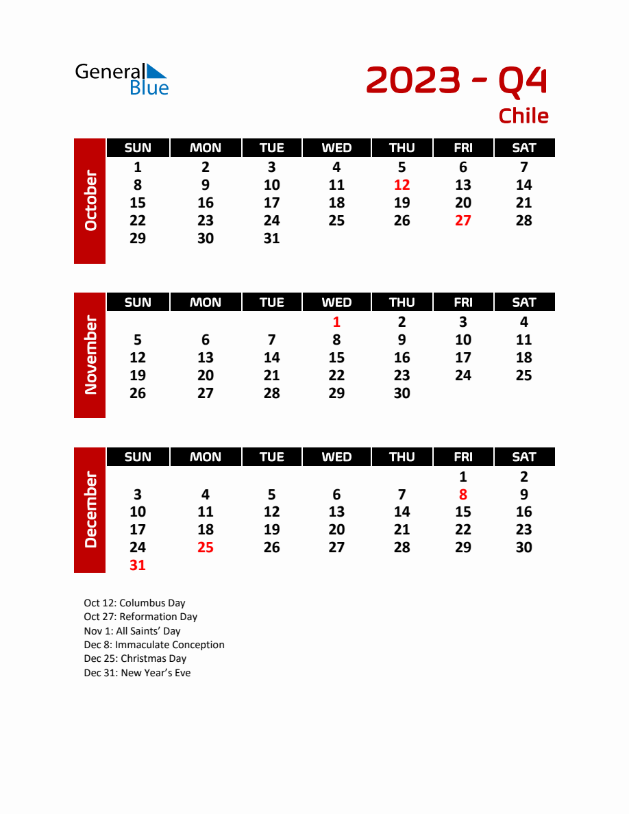 Q4 2023 Calendar with Holidays