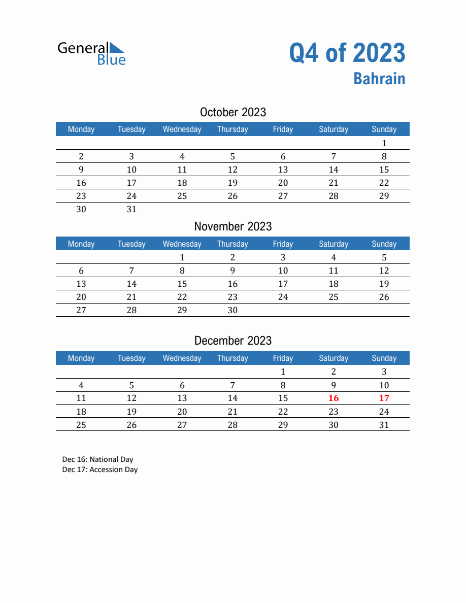 Bahrain 2023 Quarterly Calendar with Monday Start