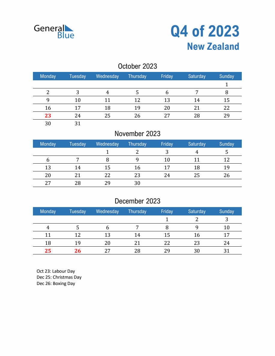 New Zealand 2023 Quarterly Calendar with Monday Start