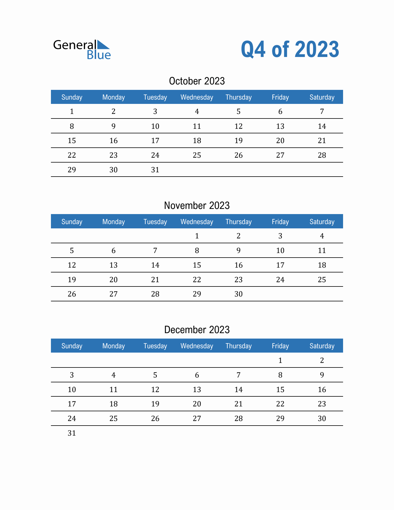 Q4 2023 Quarterly Calendar in PDF, Word, Excel