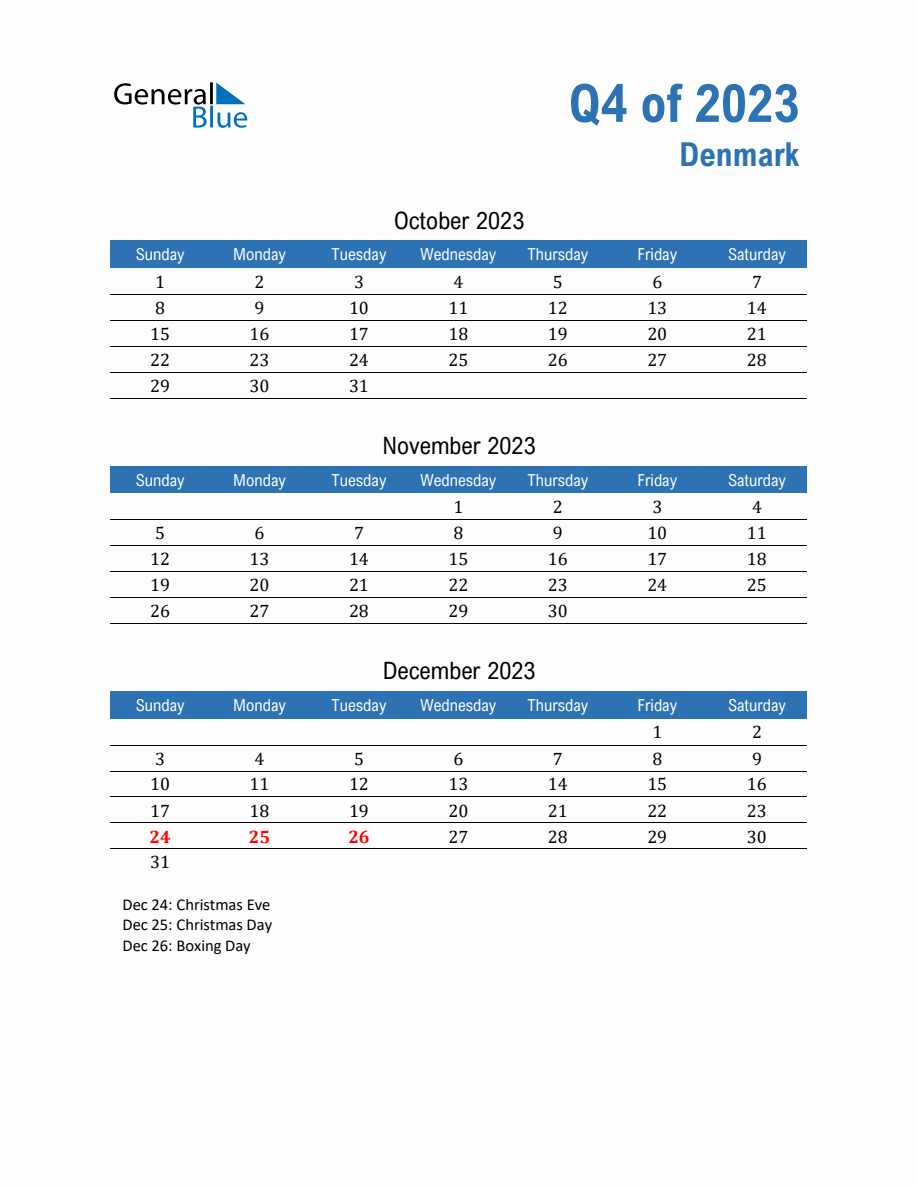 Denmark Quarterly Calendar (Quarter 4 of 2023)