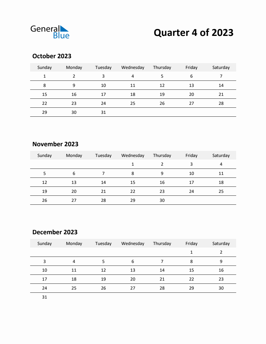 2023 Q4 Three-Month Calendar (October, November, and December)