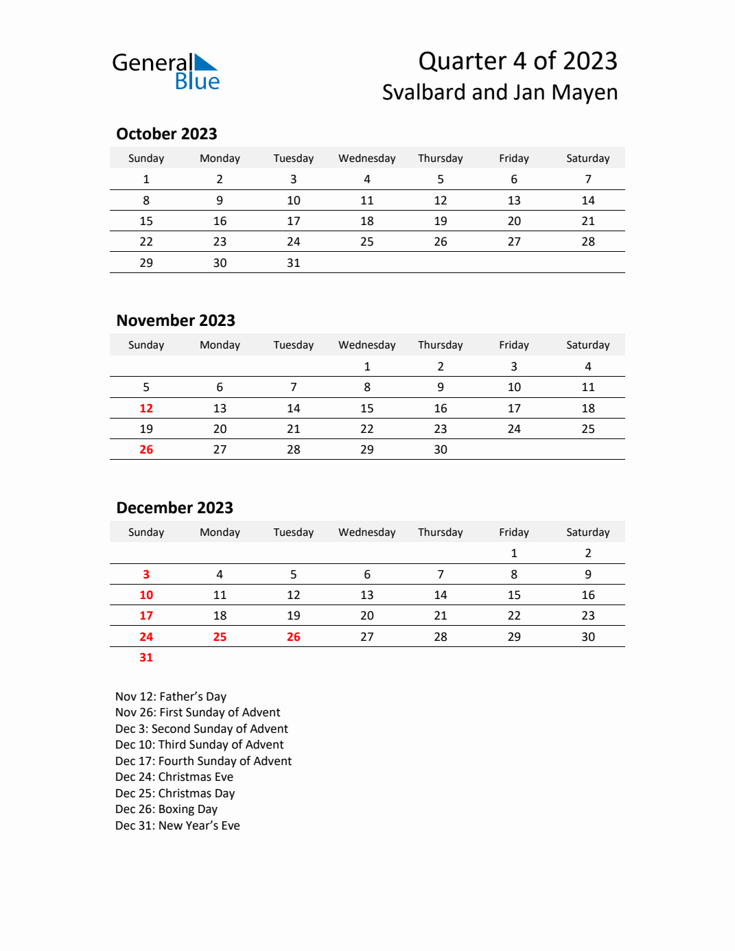 Q4 2023 Quarterly Calendar with Svalbard and Jan Mayen Holidays (PDF ...