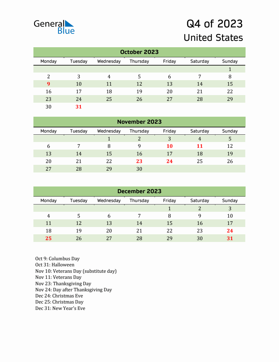 Quarterly Calendar with United States Holidays (Q4 of 2023) - Monday Start