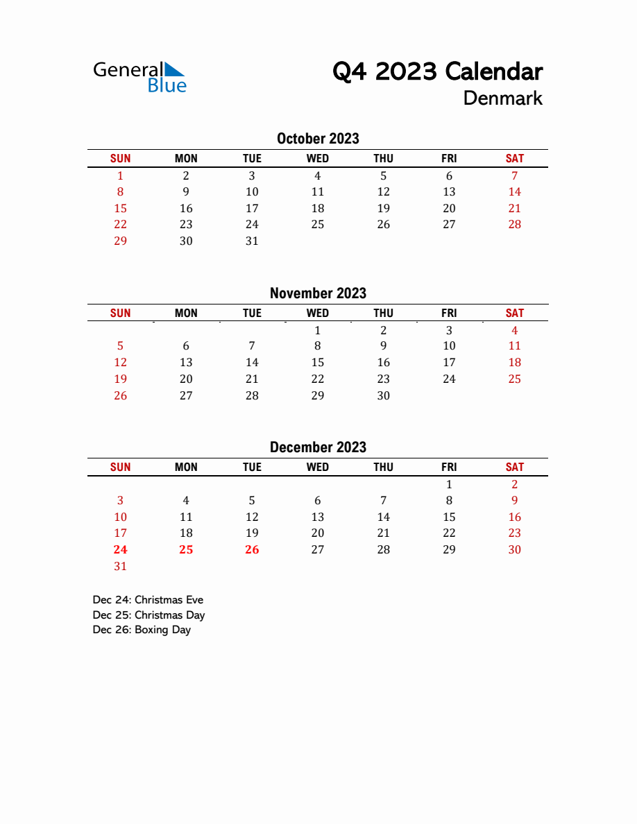 2023 Q4 Calendar with Holidays List for Denmark