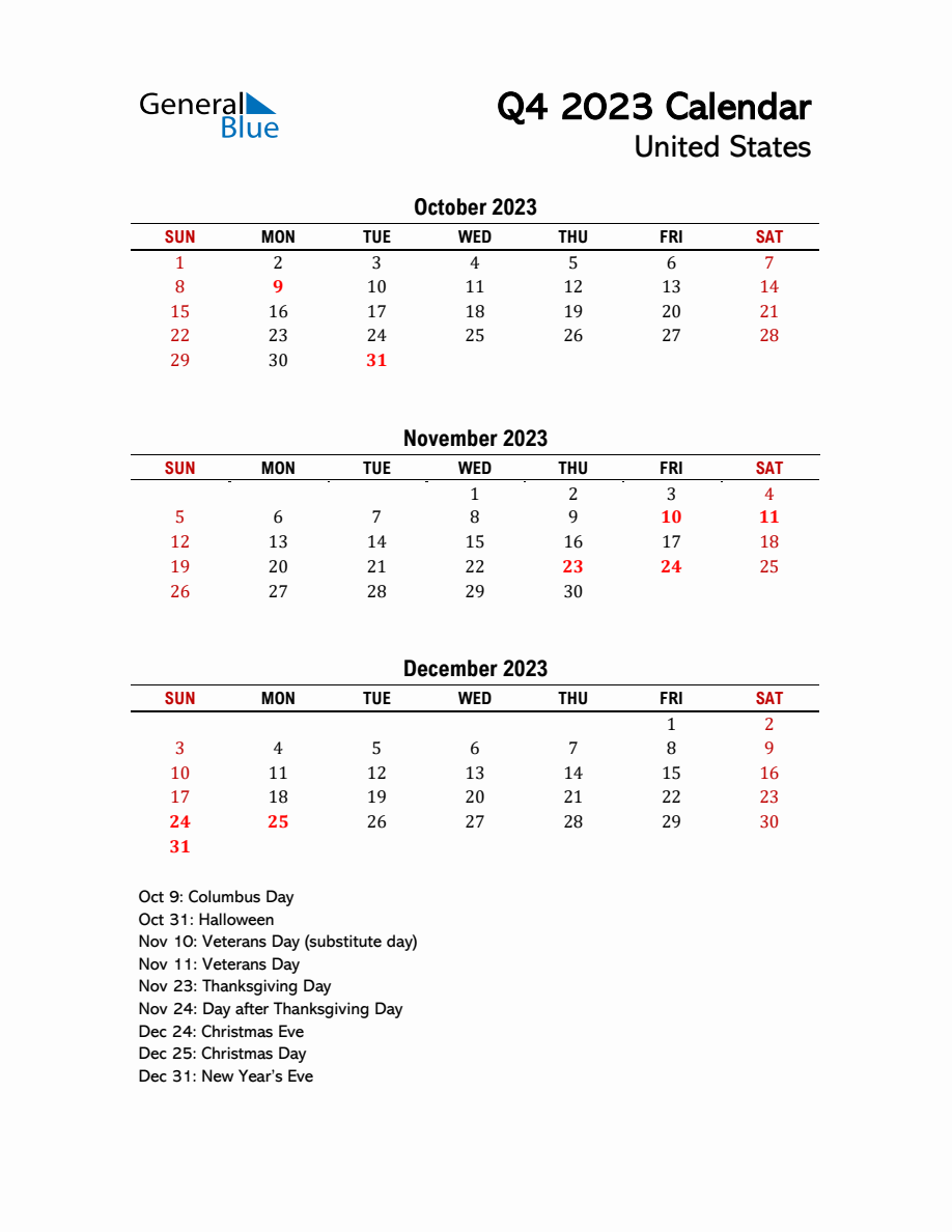 2023 Q4 Calendar with Holidays List for United States
