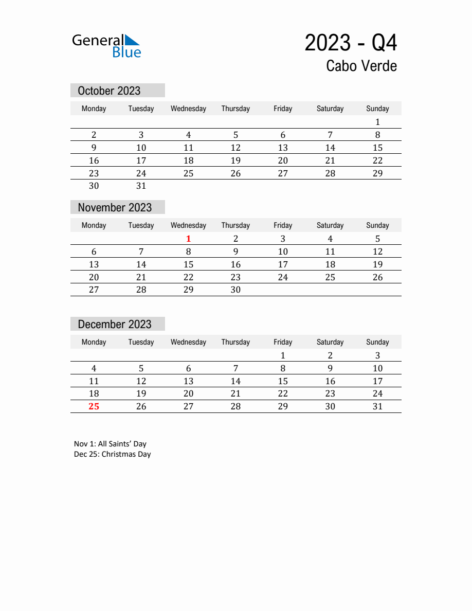 Cabo Verde Quarter 4 2023 Calendar with Holidays