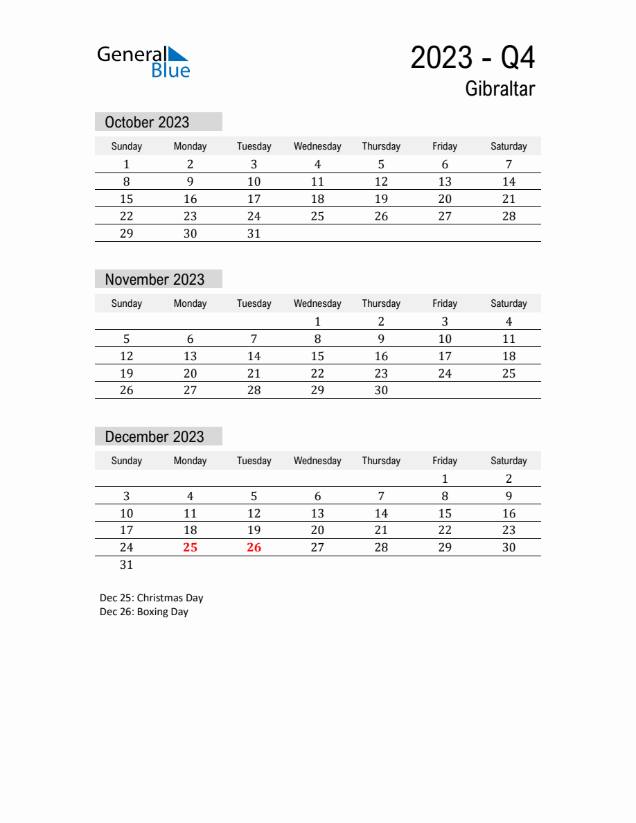 Gibraltar Quarter 4 2023 Calendar with Holidays