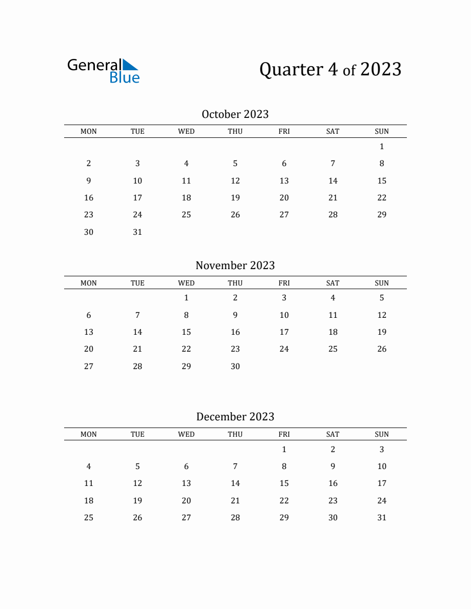 Three-Month Calendar Template (Quarter 4 2023) - Monday Start