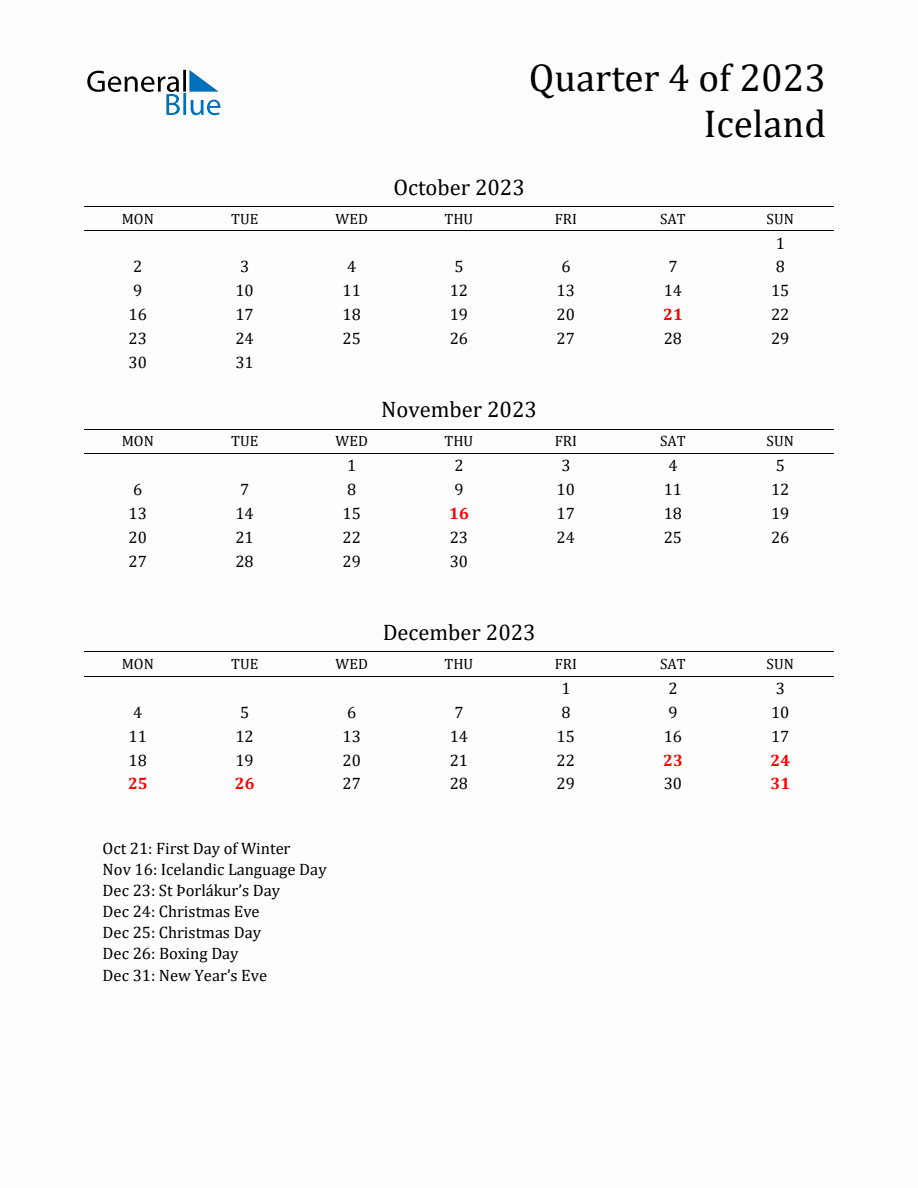 Quarter 4 2023 Iceland Quarterly Calendar