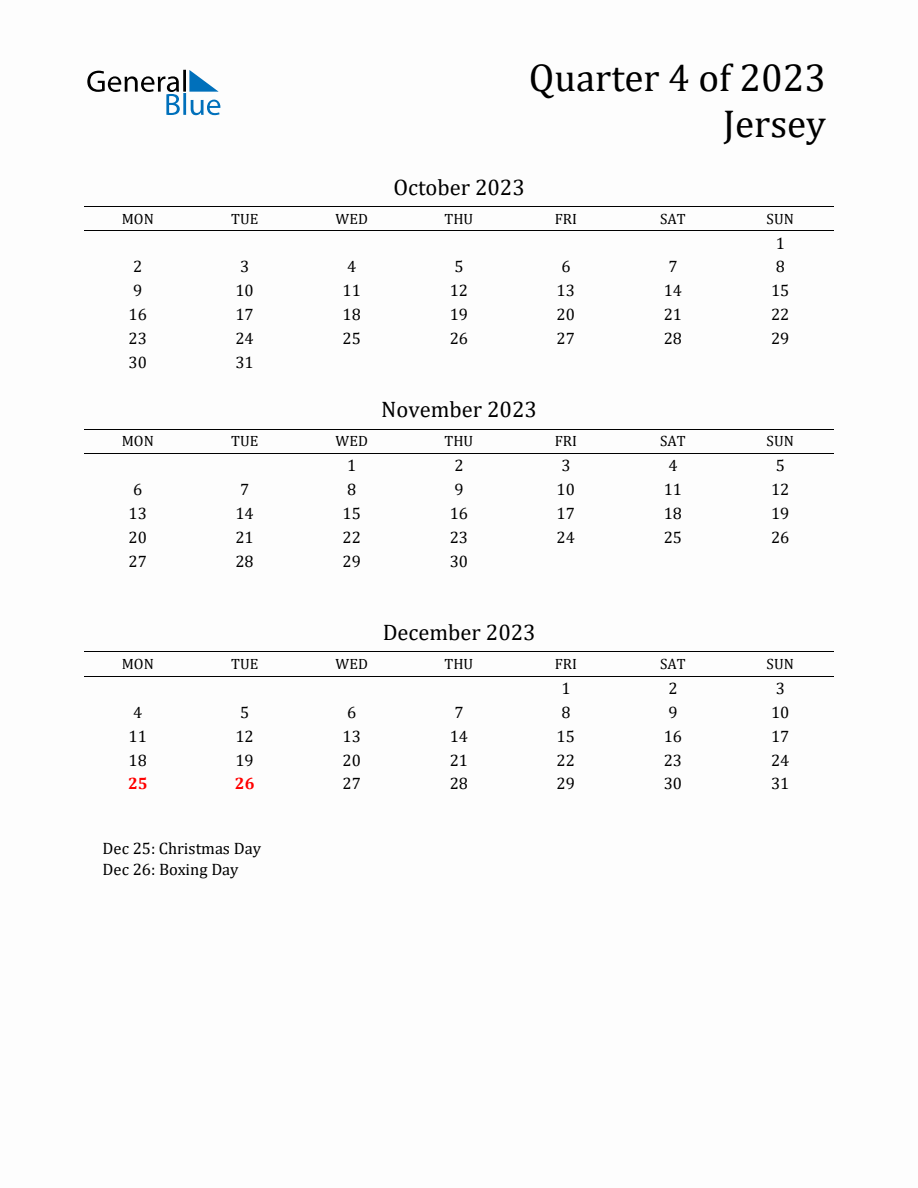 Quarter 4 2023 Jersey Calendar - Monday Start