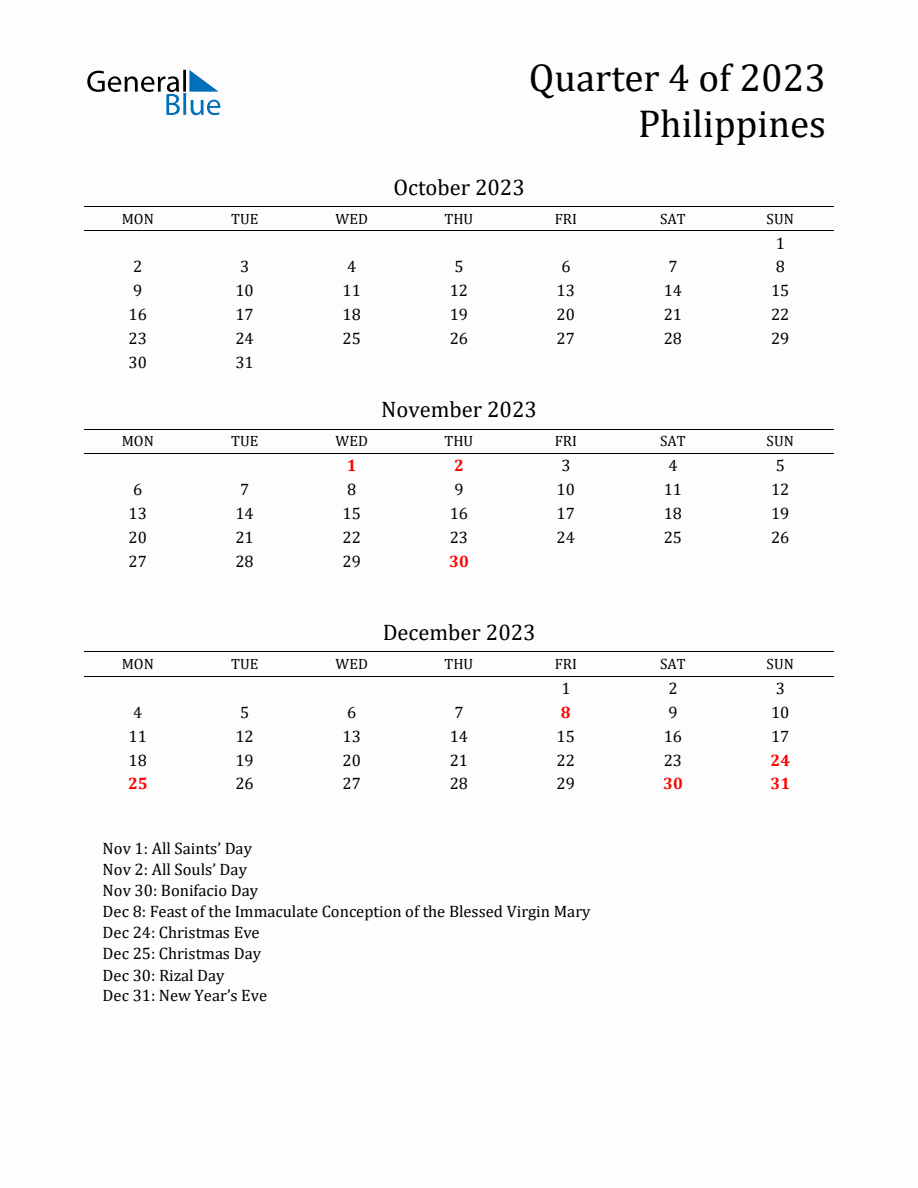 Quarter 4 2023 Philippines Calendar - Monday Start