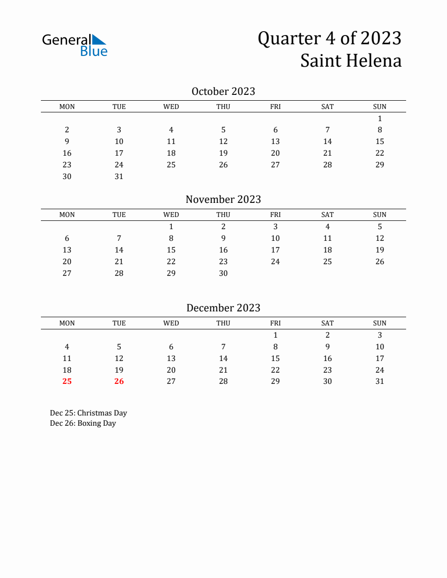 Quarter 4 2023 Saint Helena Quarterly Calendar