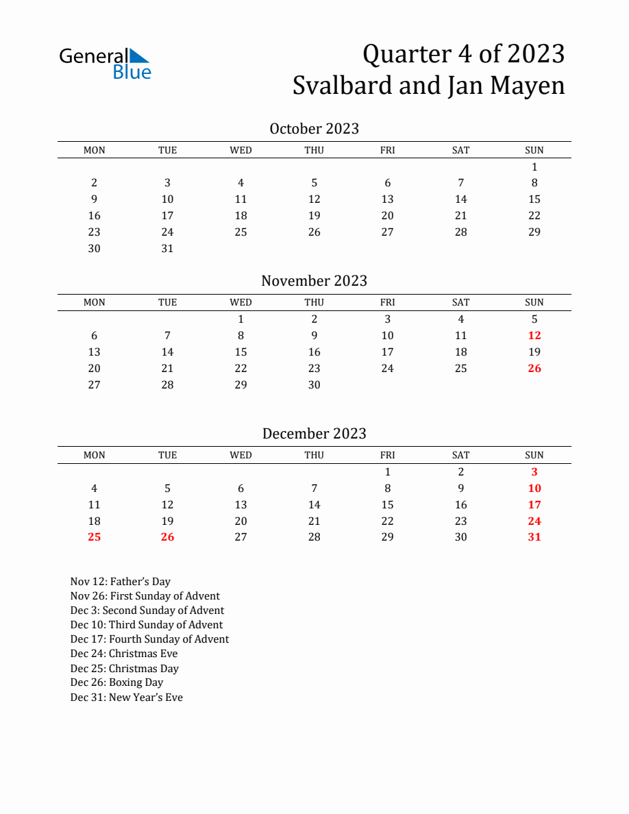 Quarter 4 2023 Svalbard and Jan Mayen Calendar - Monday Start