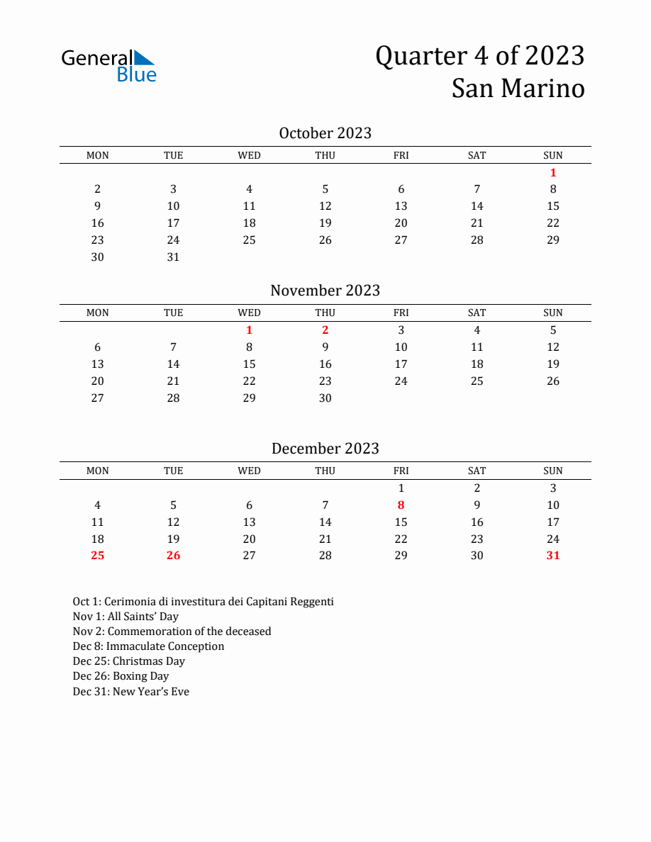 Quarter 4 2023 San Marino Quarterly Calendar