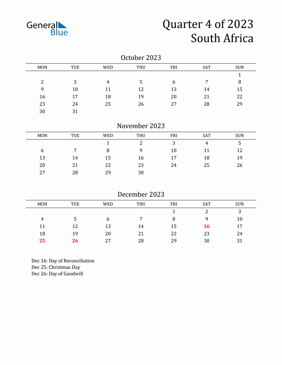 Quarter 4 2023 South Africa Calendar - Monday Start