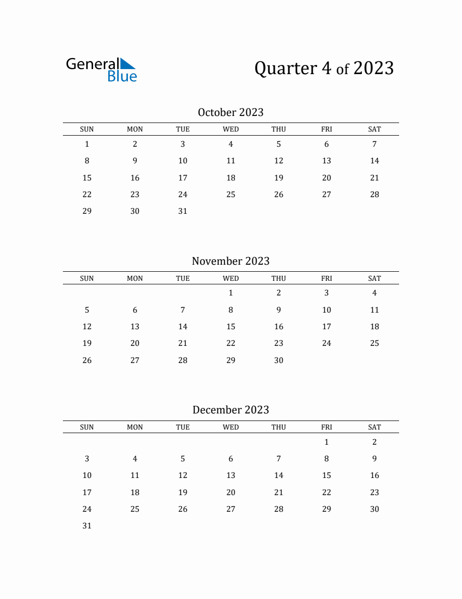Three-Month Calendar Template (Quarter 4 2023)