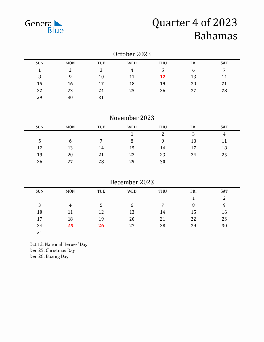 Quarter 4 2023 Bahamas Quarterly Calendar