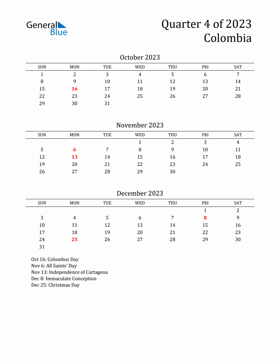 Quarter 4 2023 Colombia Calendar